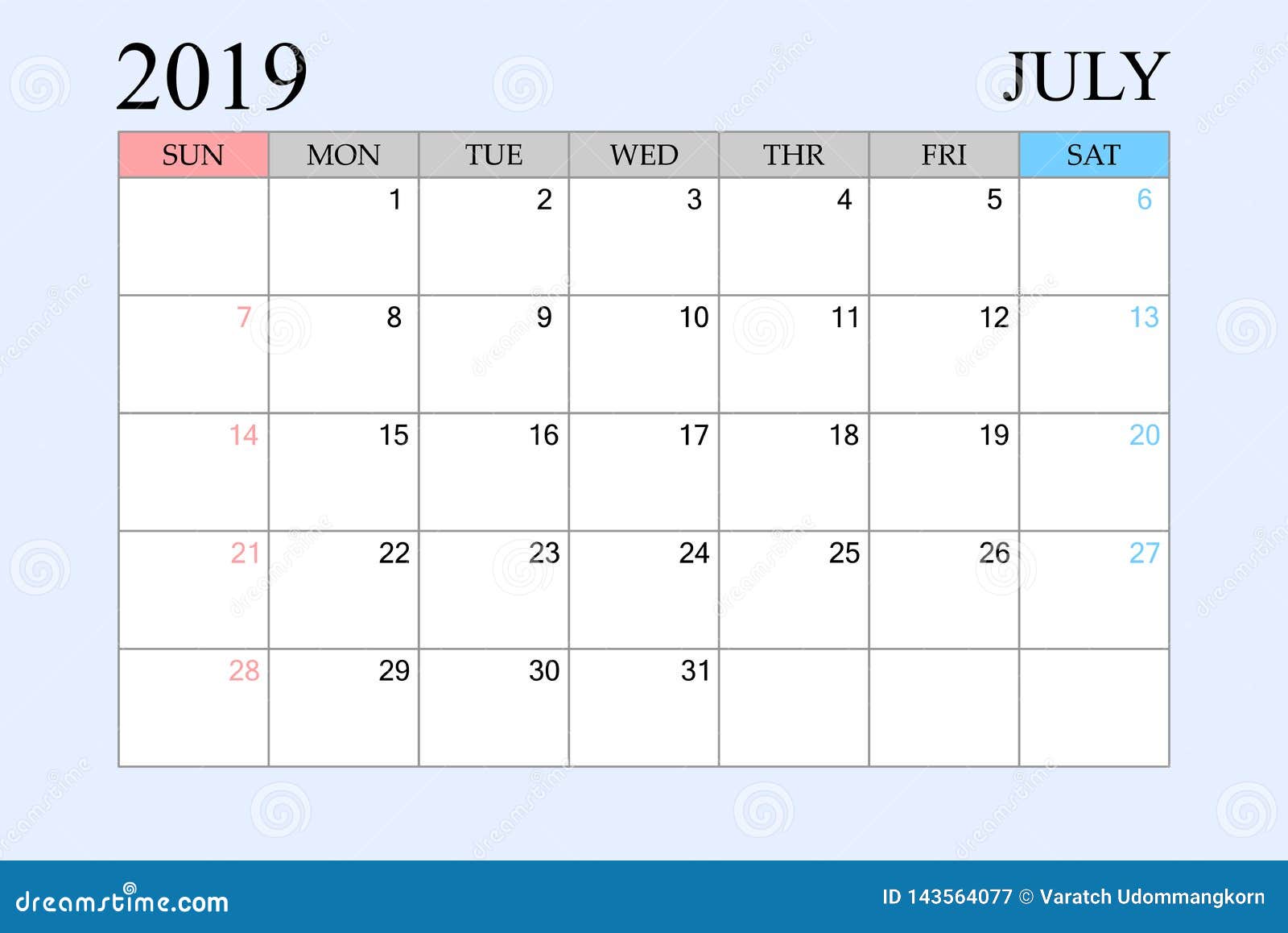 2019 Calendar, July, Schedule Planner, Organizer, Weeks Start from ...