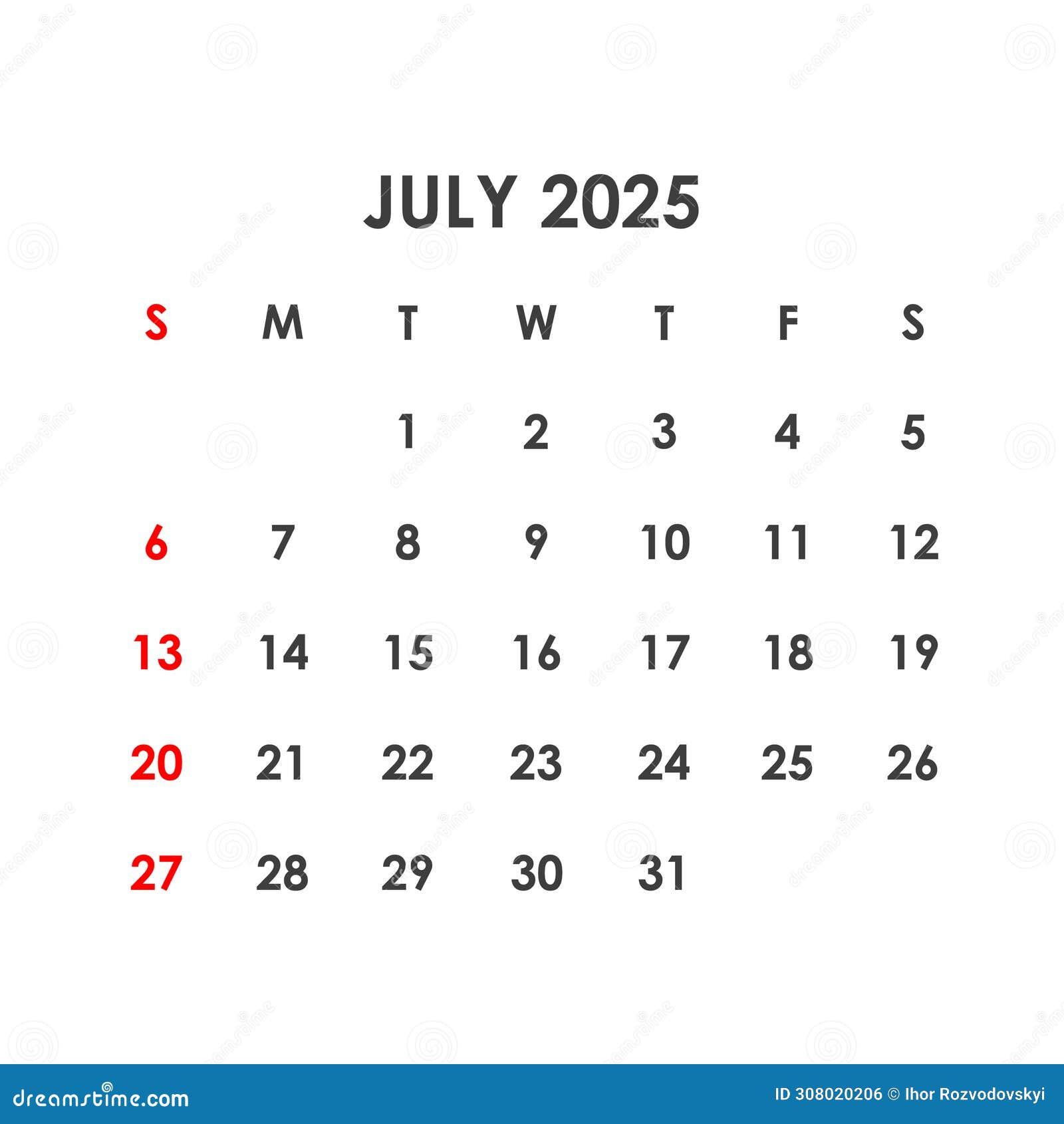 Calendar for July 2025. the Week Starts on Sunday. Stock Vector ...
