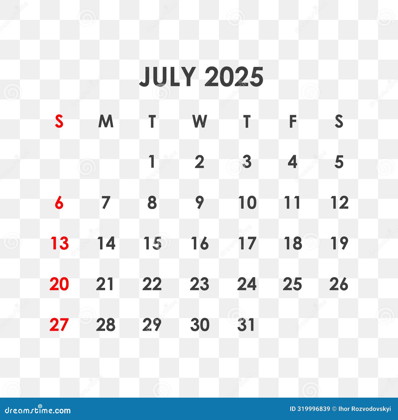 Calendar for July 2025. the Week Starts on Sunday Stock Illustration ...