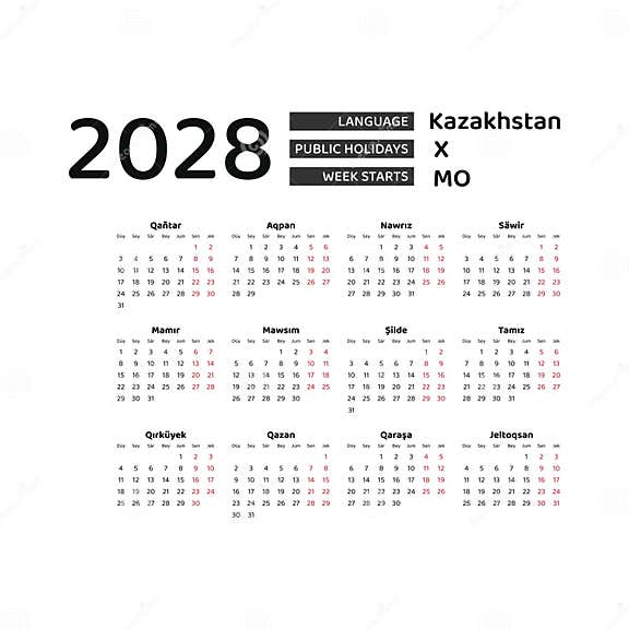 Calendar 2028 Kazakh Language with Kazakhstan Public Holidays. Stock ... Calendar 2028 Kazakh Language with Kazakhstan Public Holidays. Stock ...