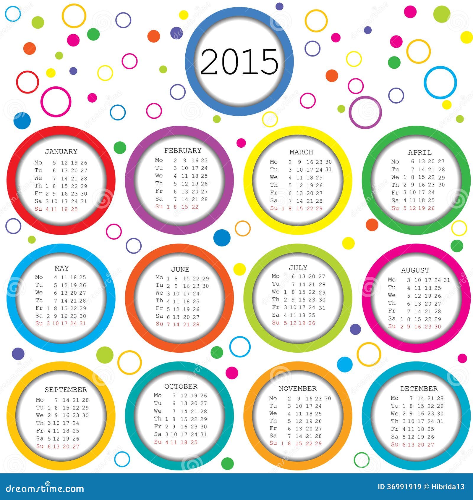 2015 Calendar for Kids with Colored Circles Stock Illustration ...