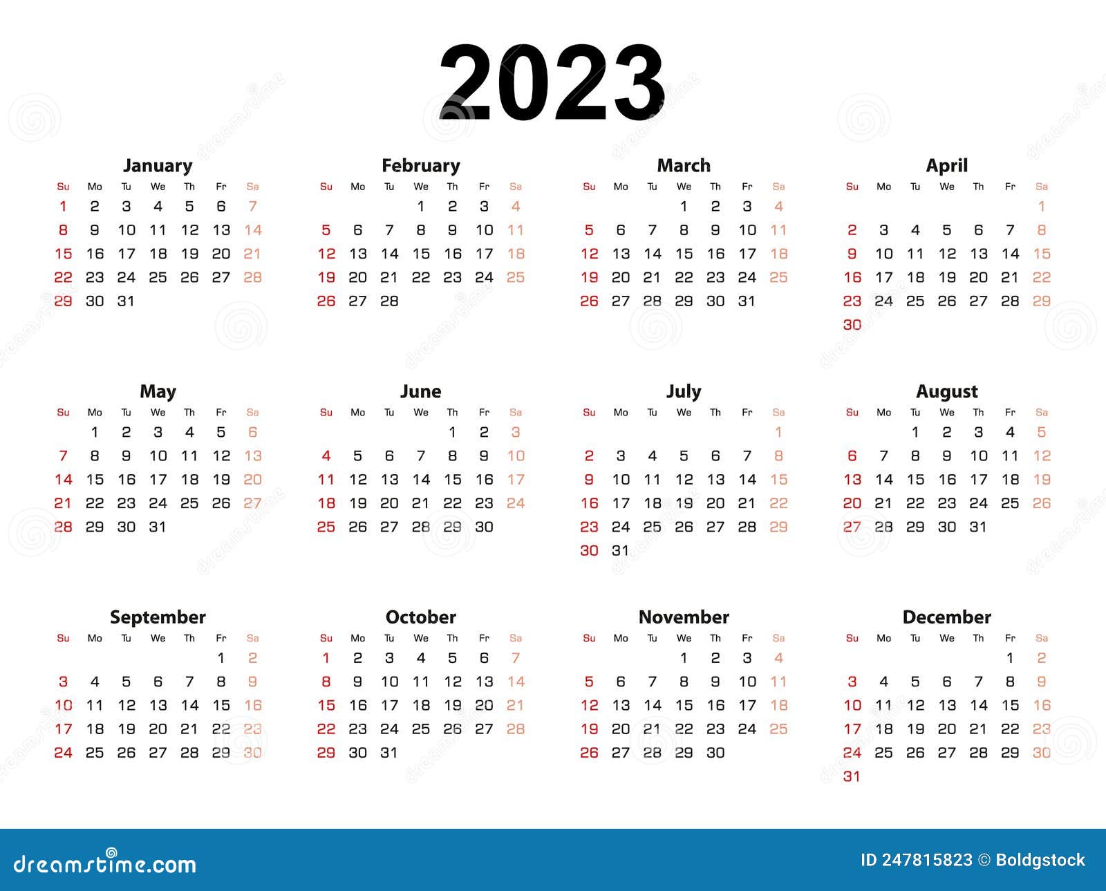 Calendar Layout for 2023 Year, Week Starts from Sunday Stock Vector ...