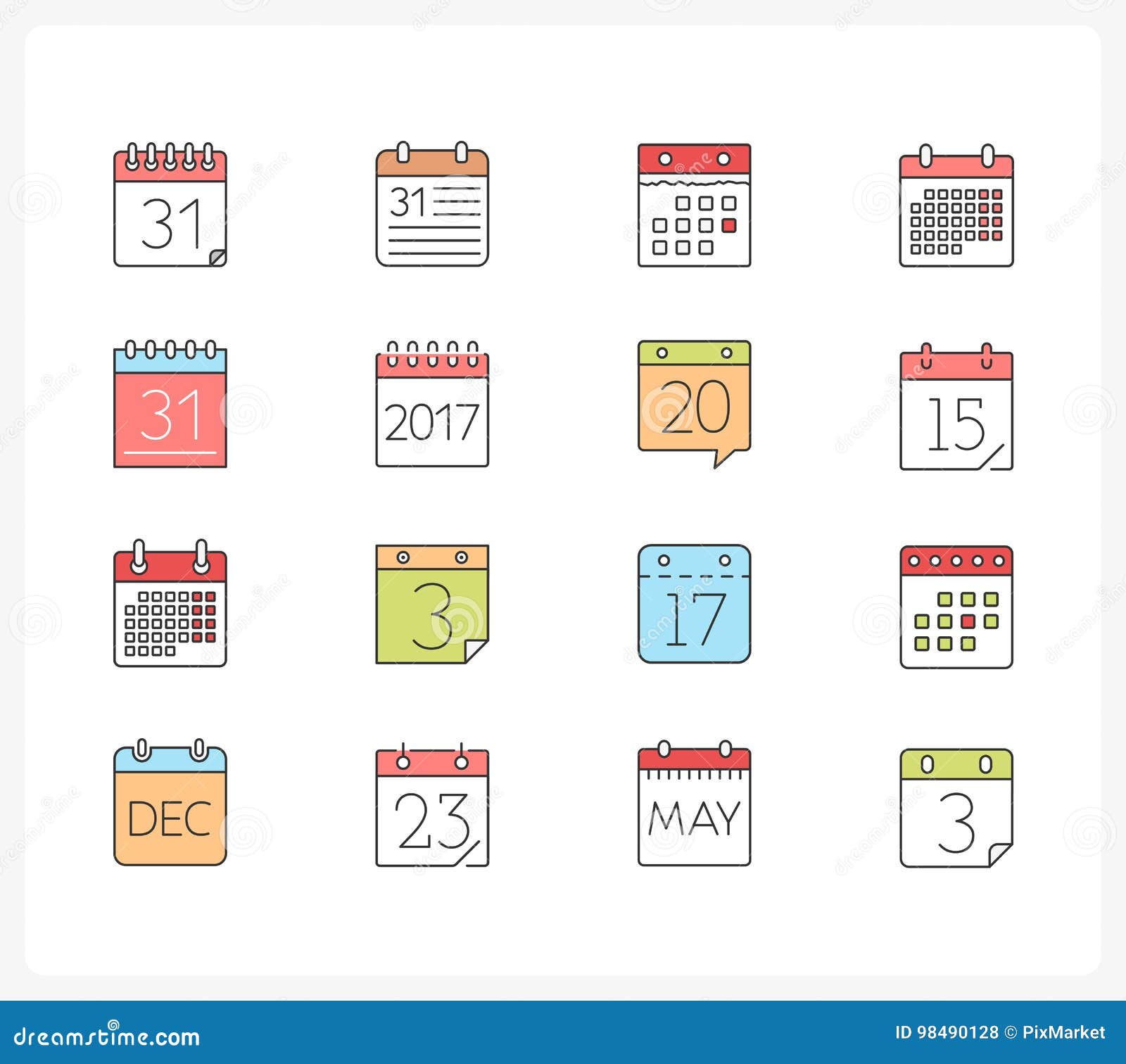 Calendar Line Icons stock vector. Illustration of icons - 98490128