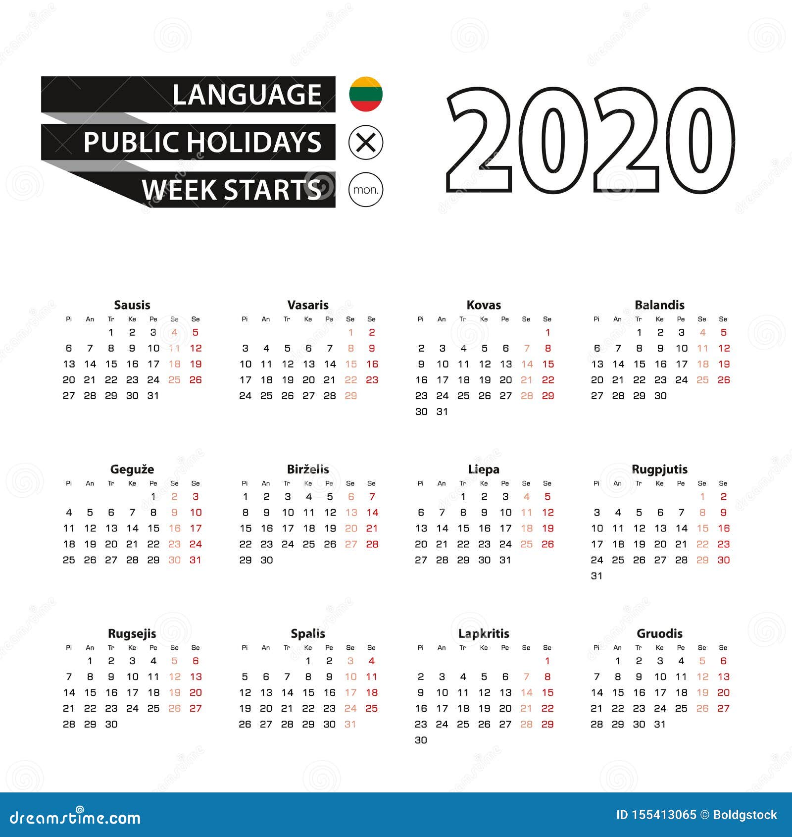 Calendar 2020 in Lithuanian Language, Week Starts on Monday Stock ...