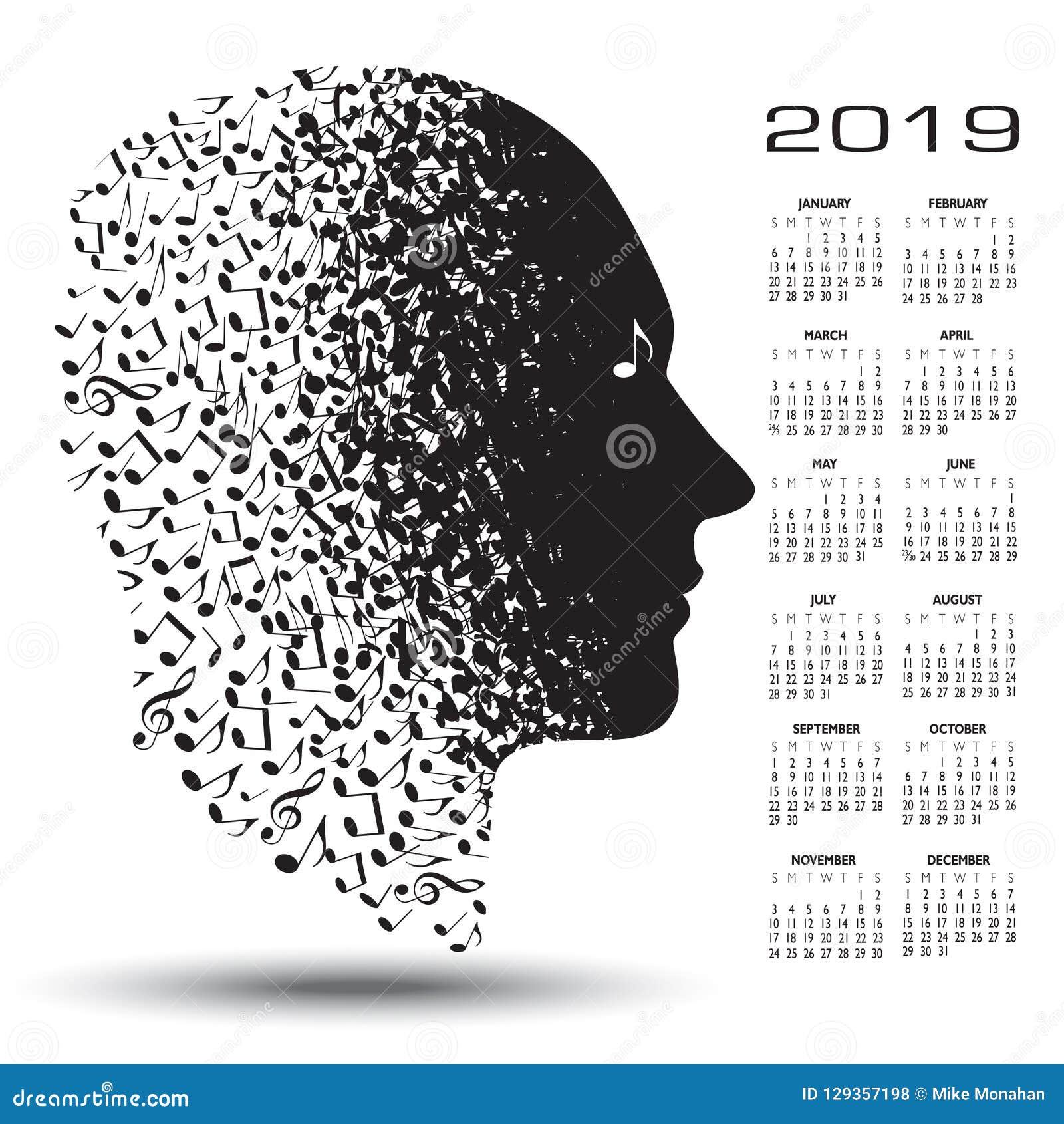 2019 Calendar with a Man Made of Musical Notes Stock Vector ...