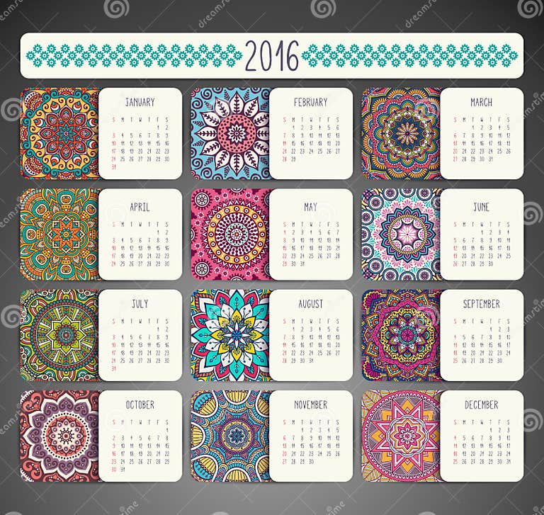 Calendar with mandalas stock vector. Illustration of calendar - 59432078