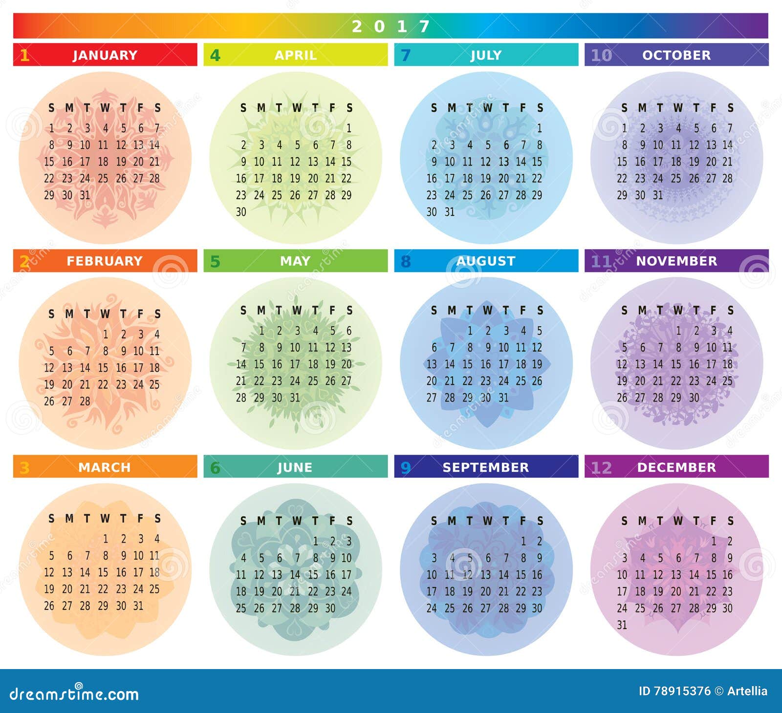 2017 Calendar with Mandalas in Light Rainbow Colors Stock Vector ...