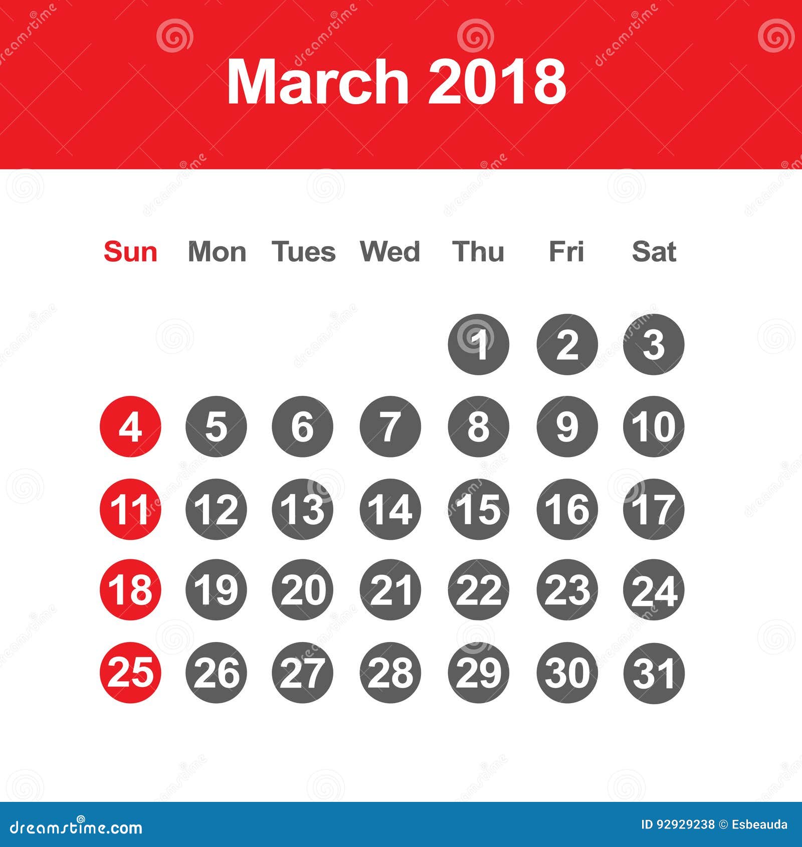 Calendar for March 2018 stock vector. Illustration of date - 92929238
