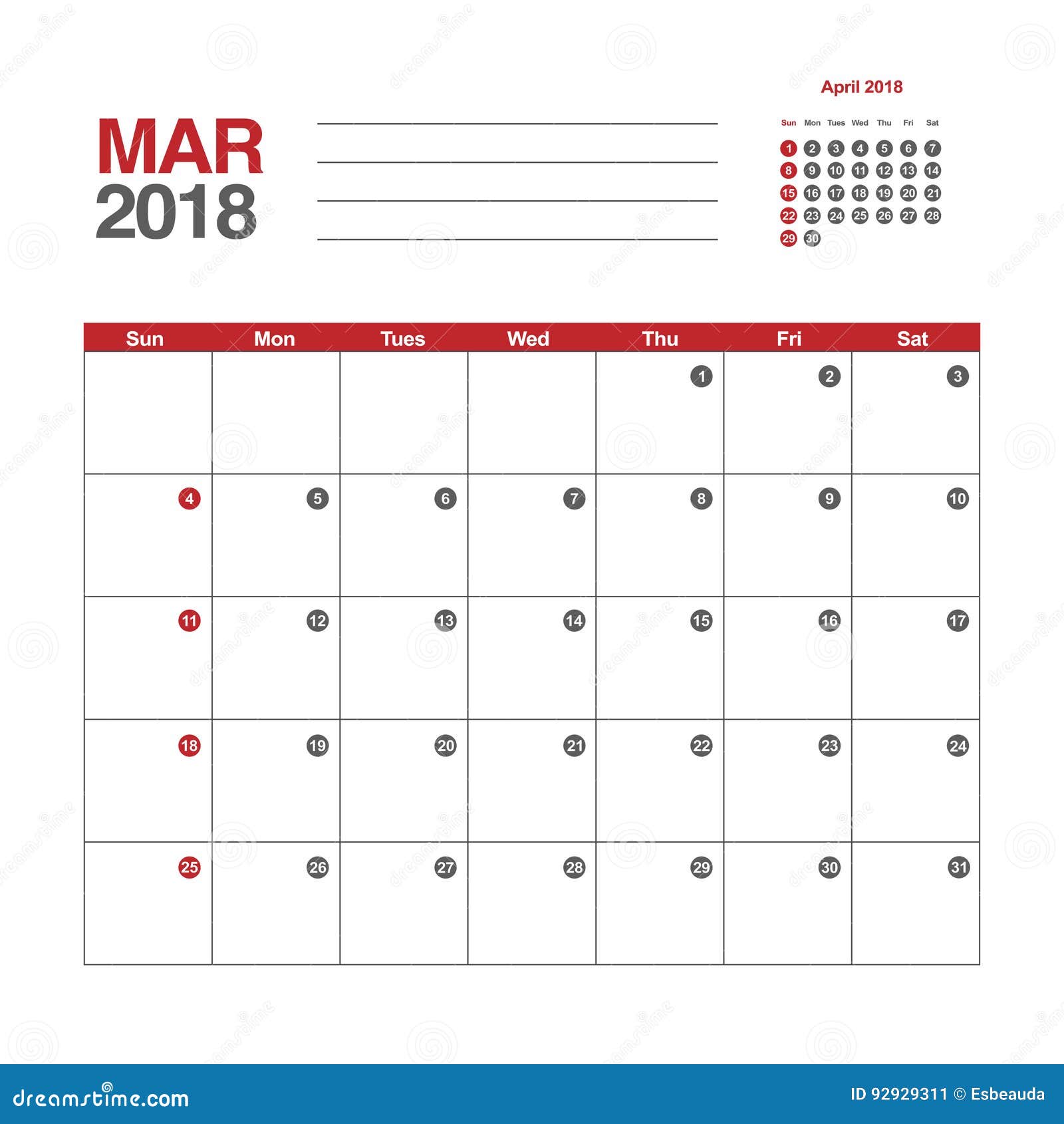 Calendar for March 2018 stock vector. Illustration of year - 92929311