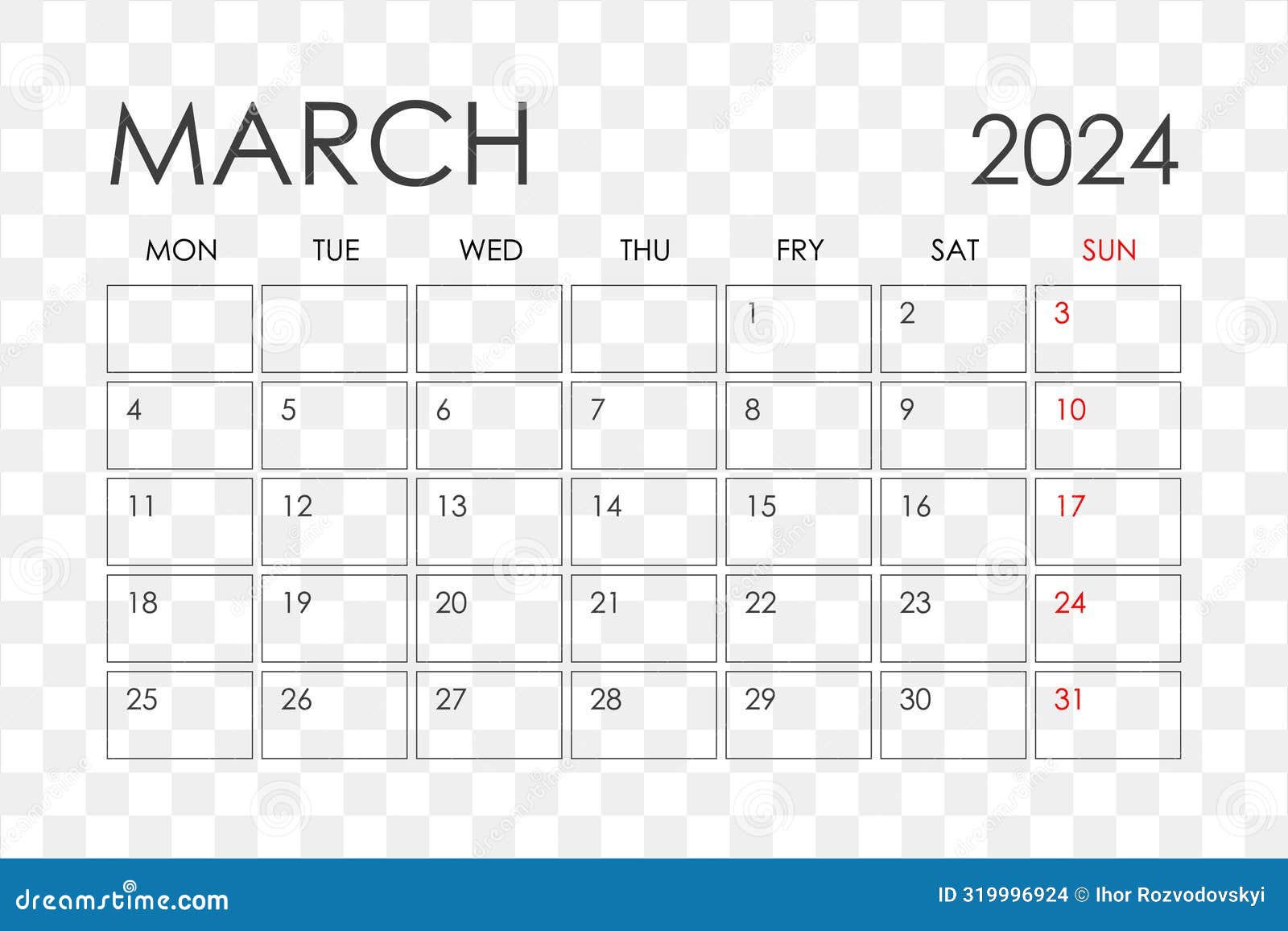 Calendar for March 2024. the Week Starts on Sunday Stock Illustration ...