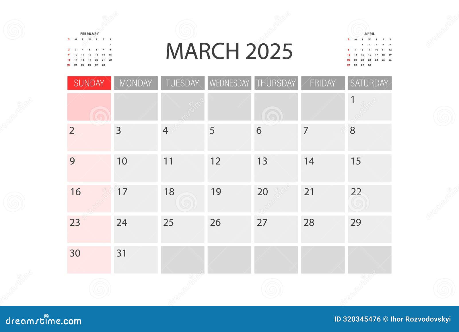Calendar for March 2025. the Week Starts on Sunday. Stock Vector ...