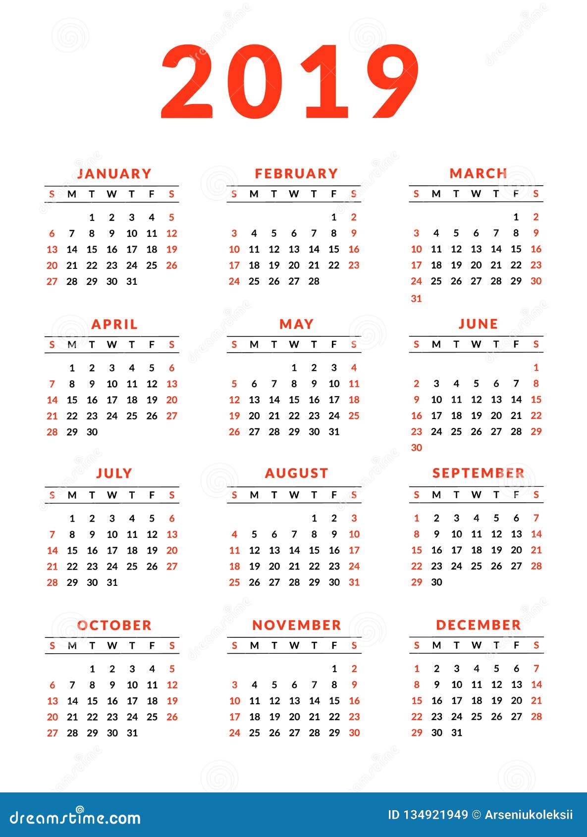 2019 Calendar with Marked Red Weekends. Week Starts on Sunday Stock ...