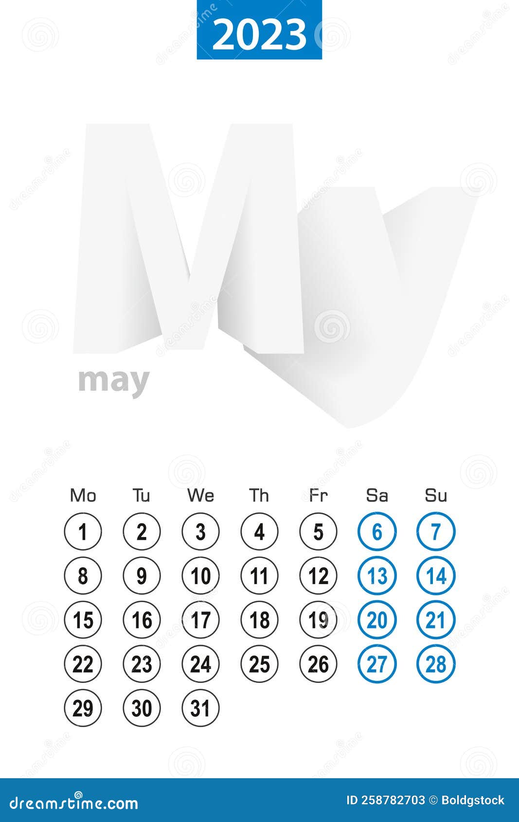 Calendar for May 2023, Blue Circle Design. English Language, Week ...