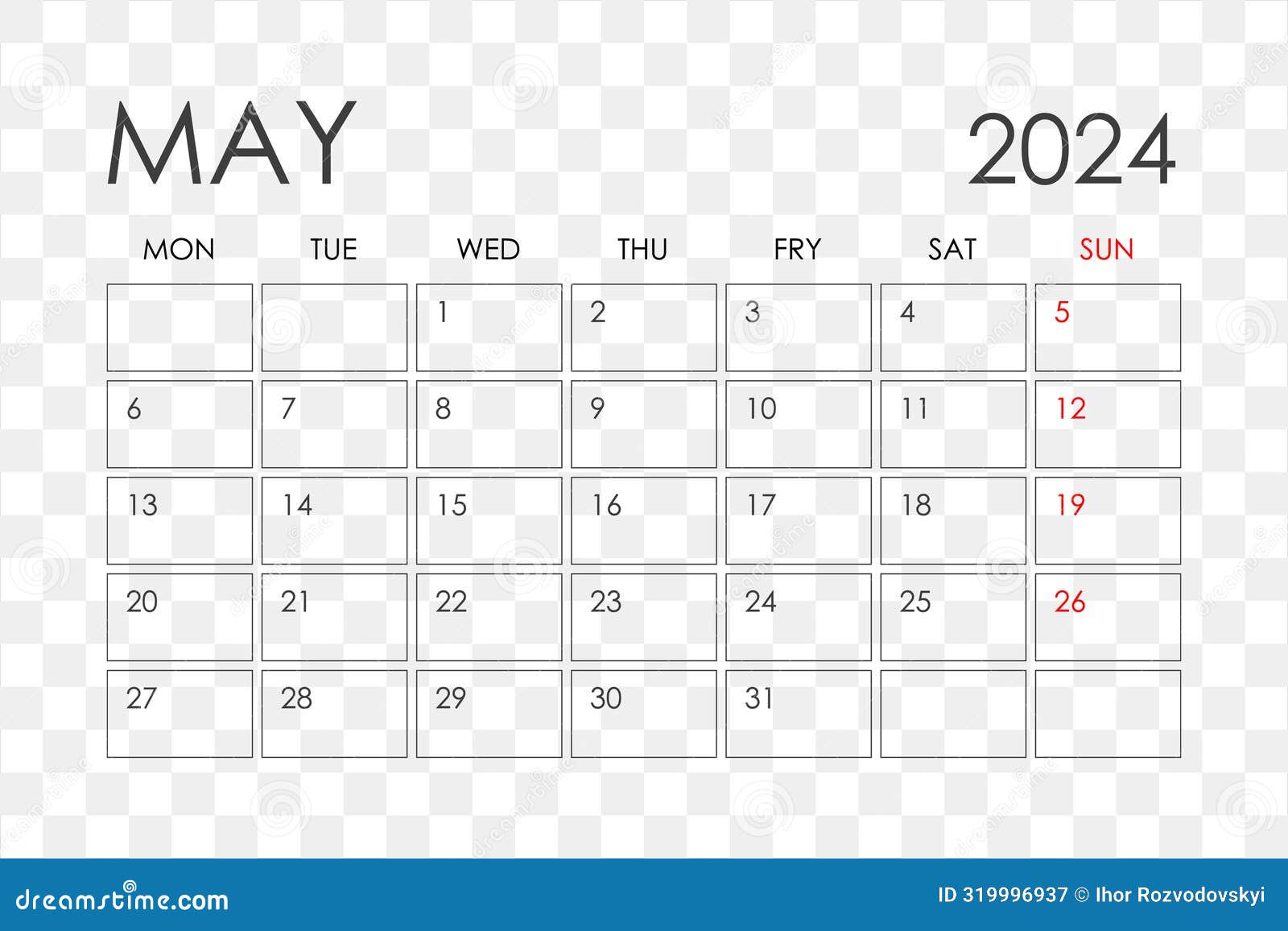 Calendar for May 2024. the Week Starts on Sunday. Stock Vector ...