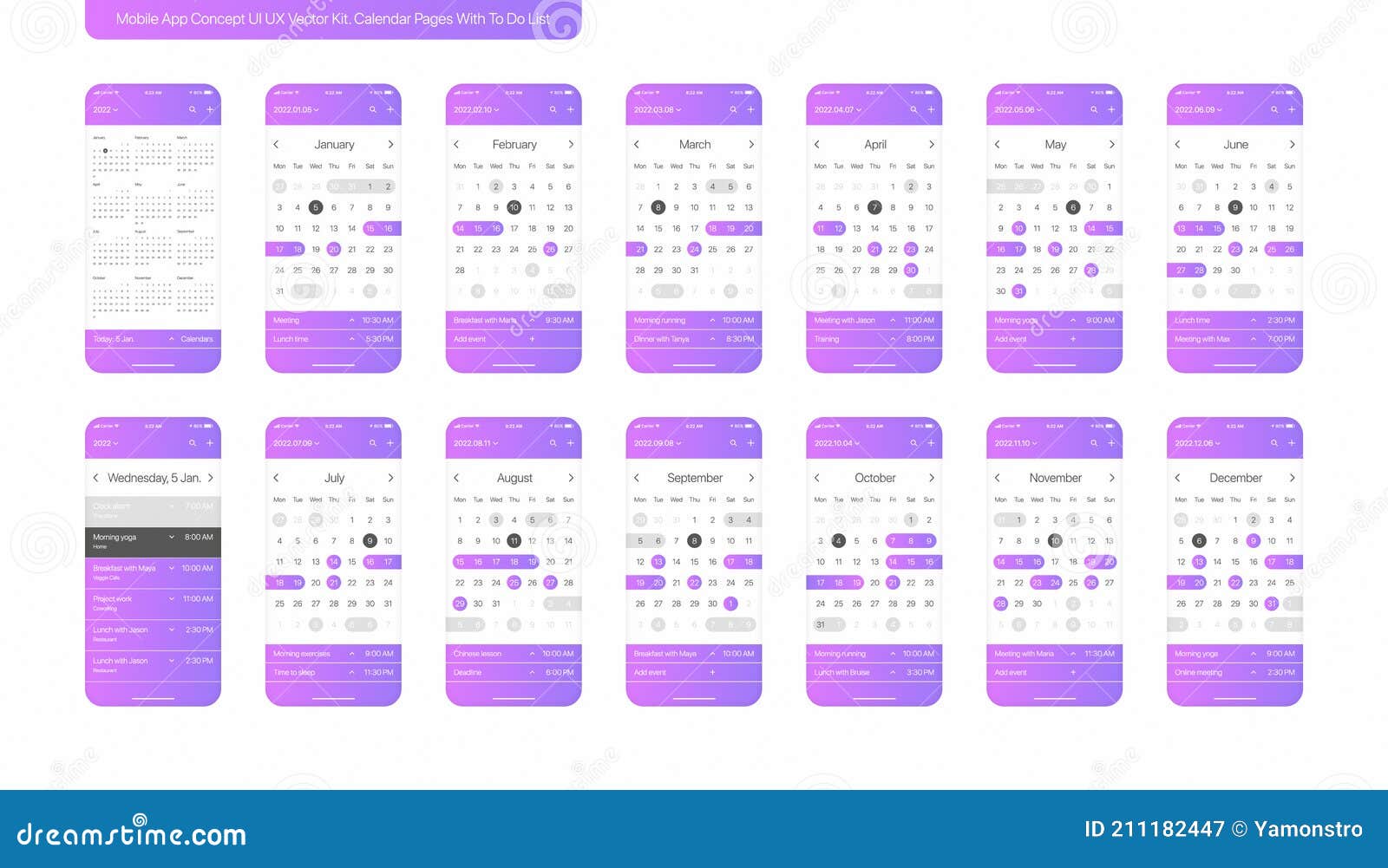 Calendar Mobile App UI UX Concept Vector Kit Isolated on White ...