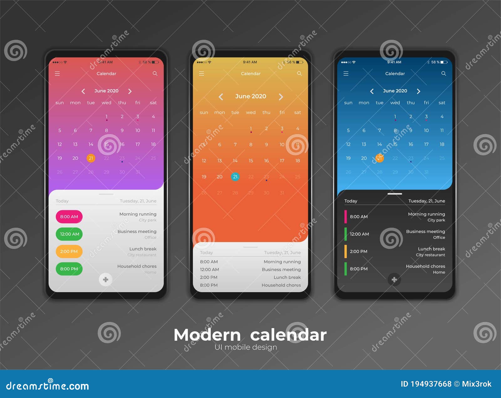Calendar Mobile Apptasks Ui Ux Design Mockup Vector Image Stock Vector ...
