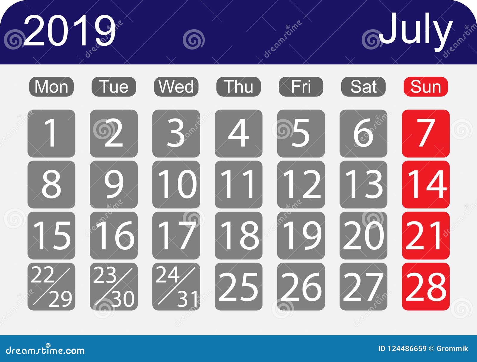 The Calendar 2019, the Month of July, a Week with One Day Off Stock ...