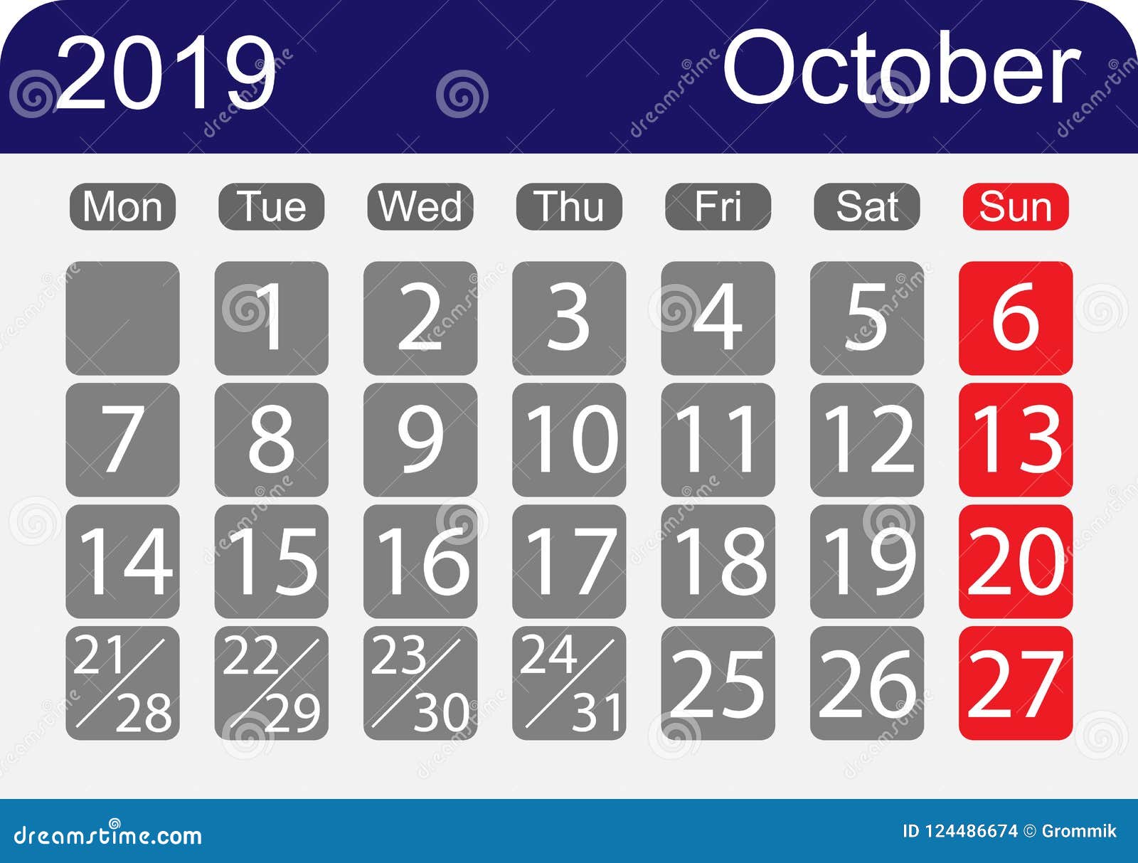 The Calendar 2019, the Month of October, a Week with One Day Off Stock ...