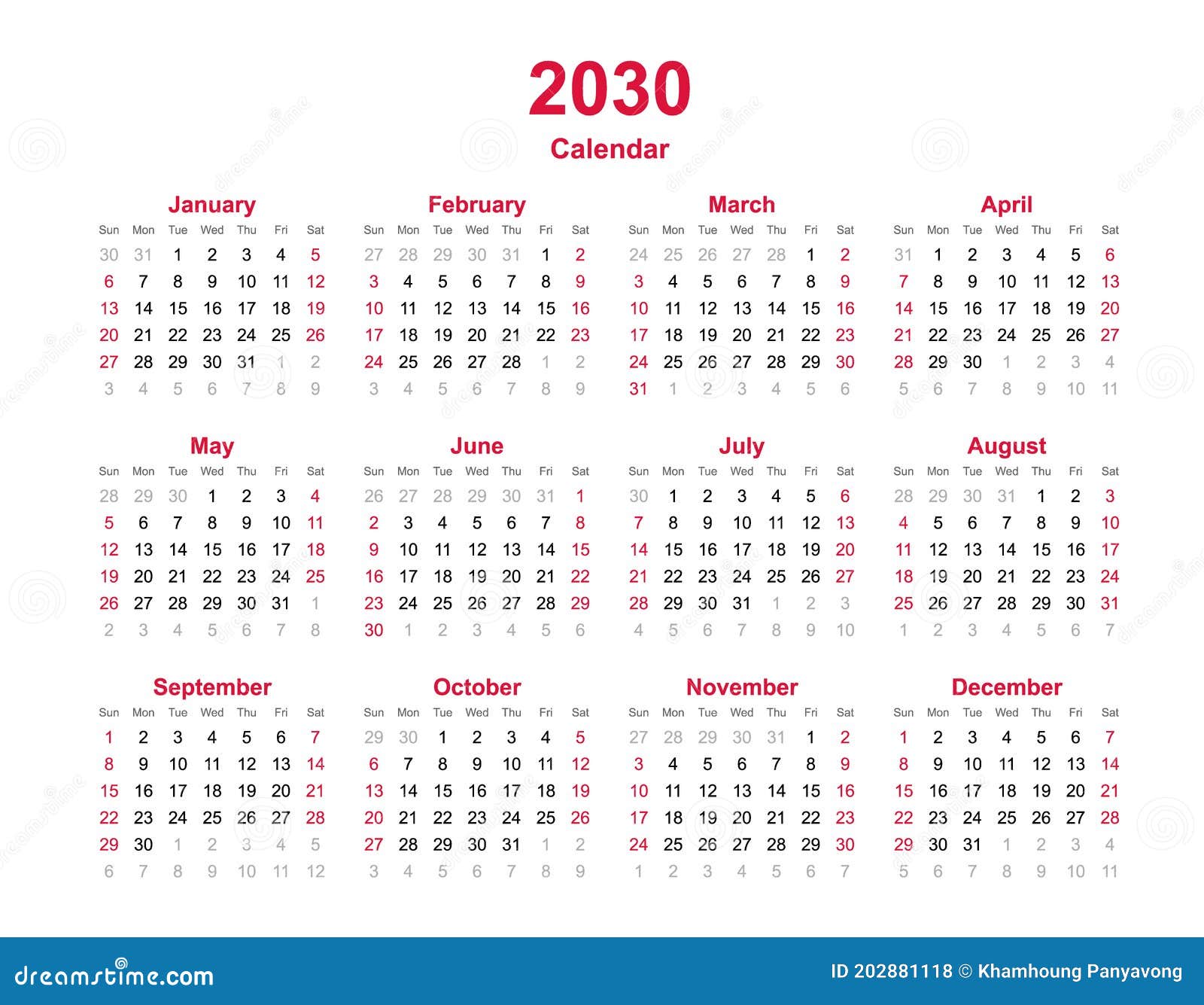 Calendar 2030 Template Vector, Simple Minimal Design, Planner 2030 Year ... Calendar 2030 Template Vector, Simple Minimal Design, Planner 2030 Year ...