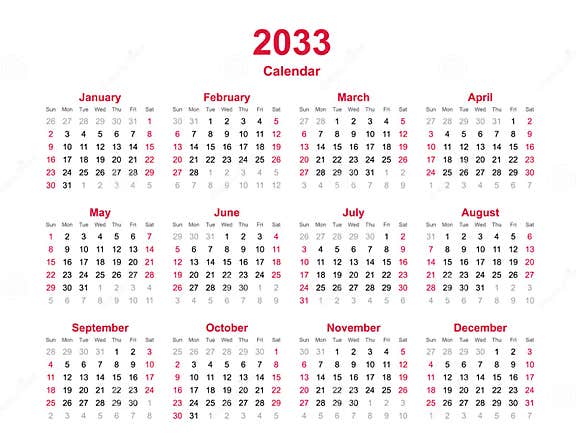 Calendar 2033 - 12 Months Yearly Vector Calendar in Year 2033 ...