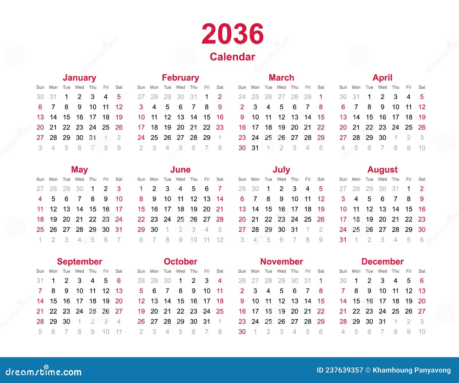 Calendar 2036 - 12 Months Yearly Vector Calendar in Year 2036 ...