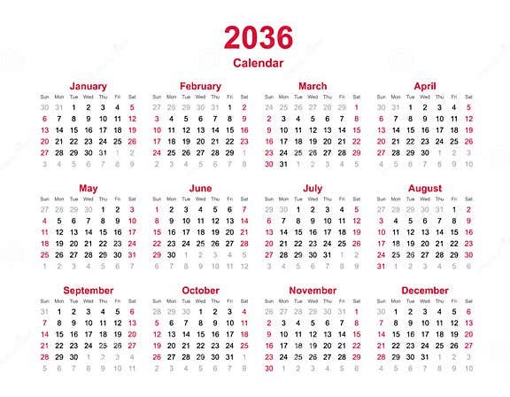 Calendar 2036 - 12 Months Yearly Vector Calendar in Year 2036 ...