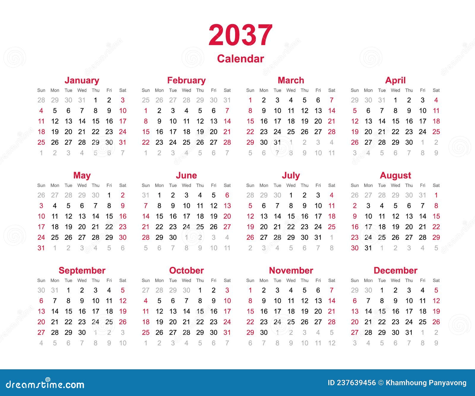 Calendar 2037 - 12 Months Yearly Vector Calendar In Year 2037 ...
