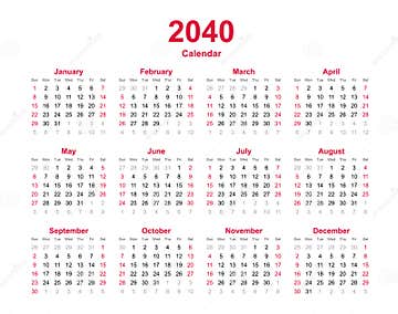 Calendar 2040 - 12 Months Yearly Vector Calendar in Year 2040 ...
