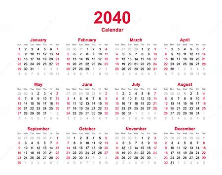 Calendar 2040 - 12 Months Yearly Vector Calendar in Year 2040 ...