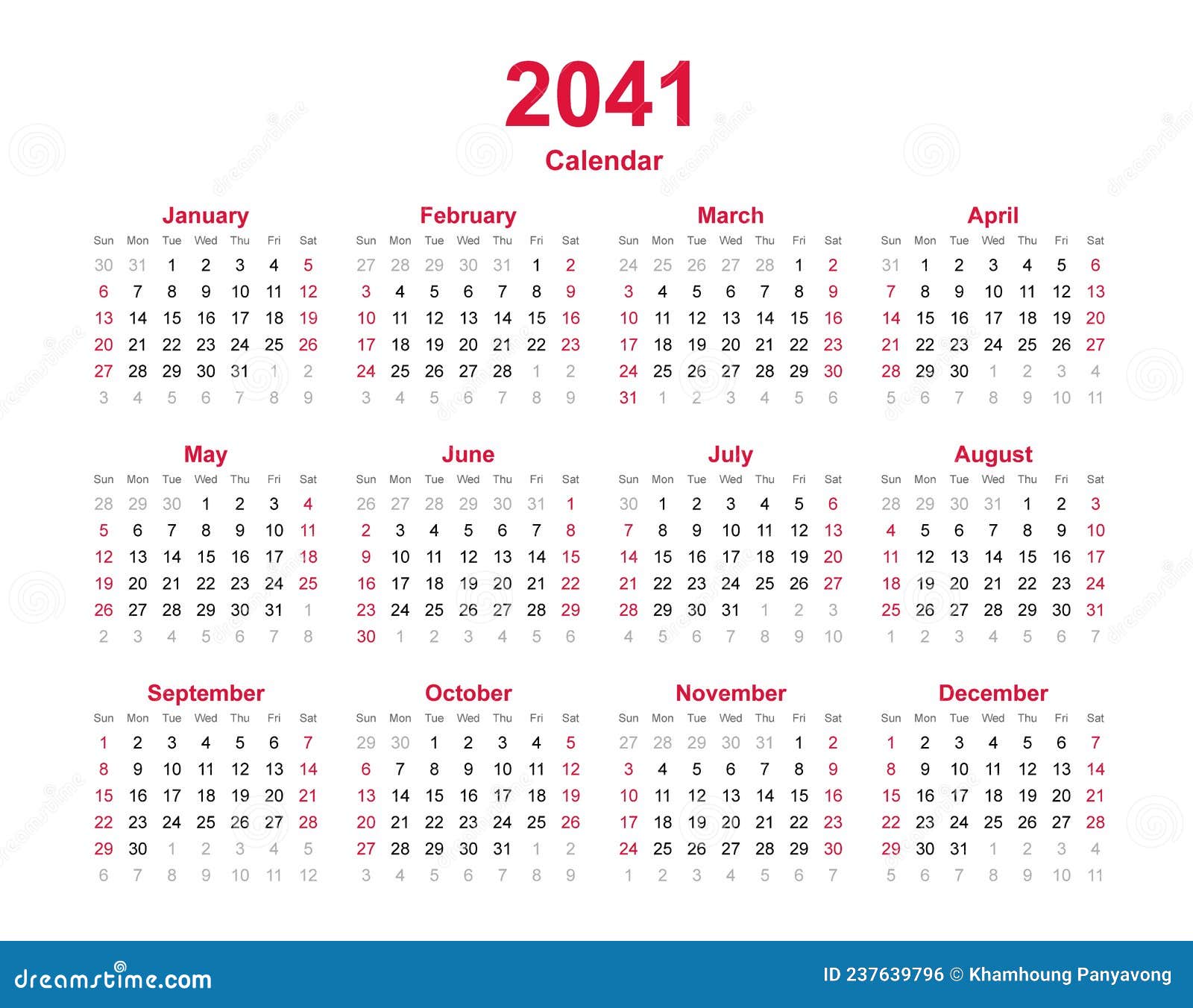 Calendar 2041 - 12 Months Yearly Vector Calendar in Year 2041 ...