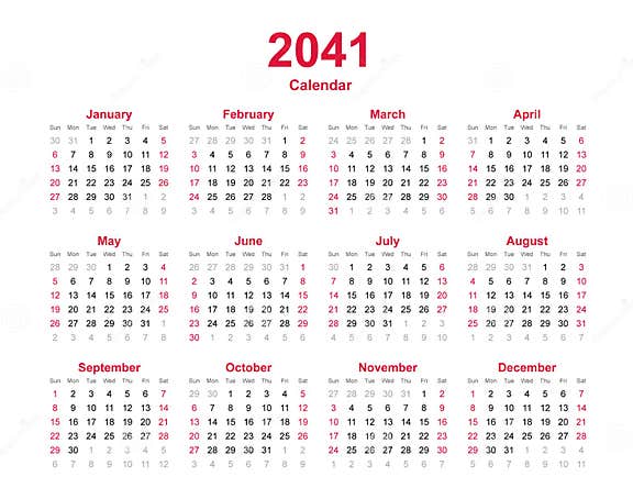 Calendar 2041 - 12 Months Yearly Vector Calendar in Year 2041 ...