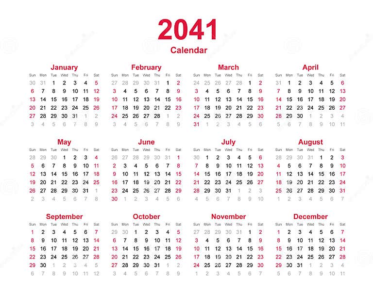 Calendar 2041 - 12 Months Yearly Vector Calendar in Year 2041 ...