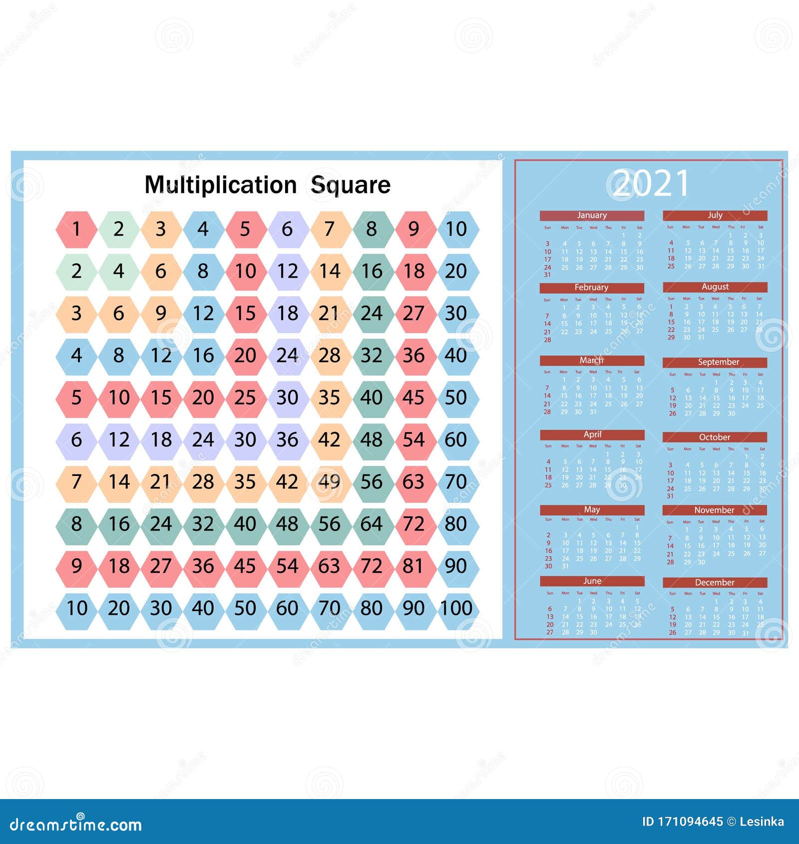 Calendar for 2021 with a Multiplication Table on a Blue Background ...