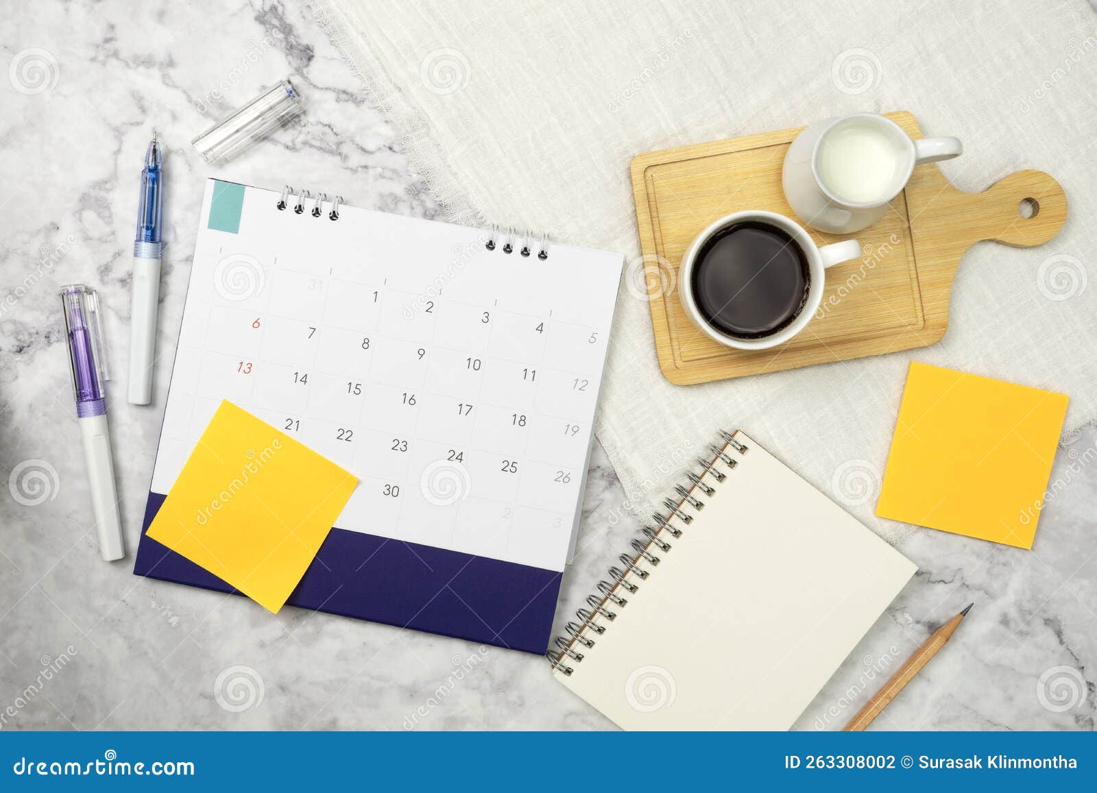 Calendar with Note Paper and Coffee on Marble Texture Background. Plan ...
