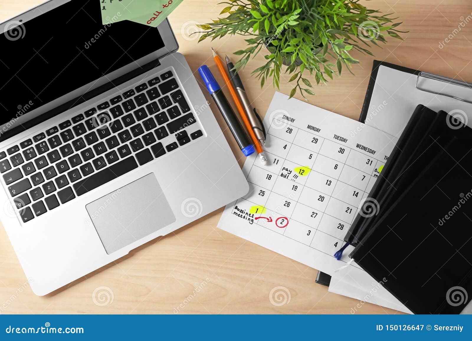 Calendar with Notes and Laptop on Wooden Background Stock Image - Image ...