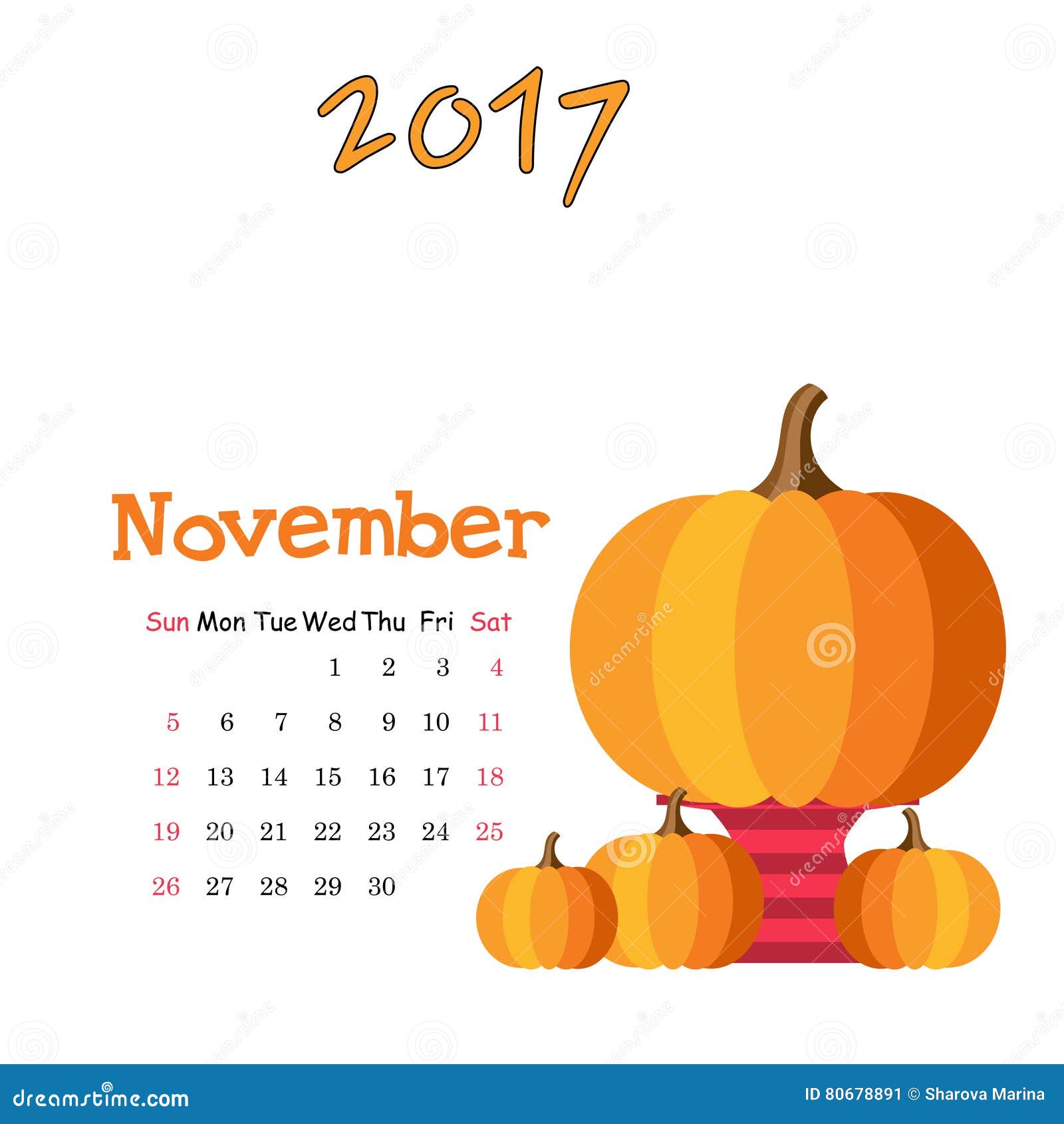 Calendar November 2017. Vector Template. Week Starts Sunday Stock ...