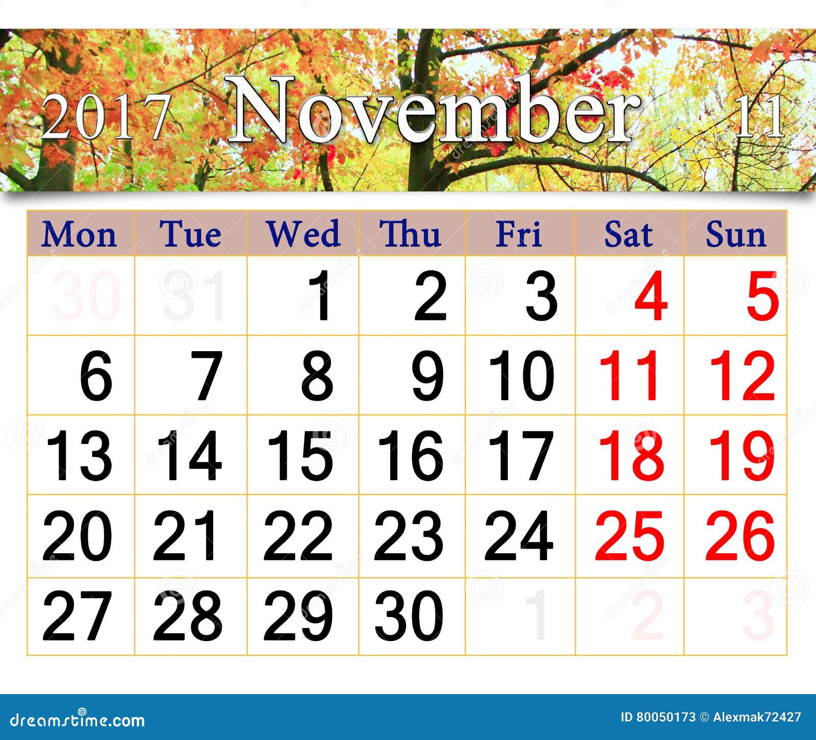 Calendar for November 2017 with Yellow Leaves in Park Stock Image ...