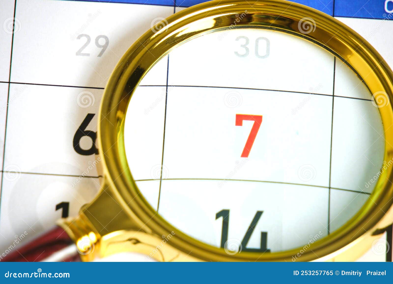 Calendar with Number Seven Under Magnifying Glass Stock Image - Image ...