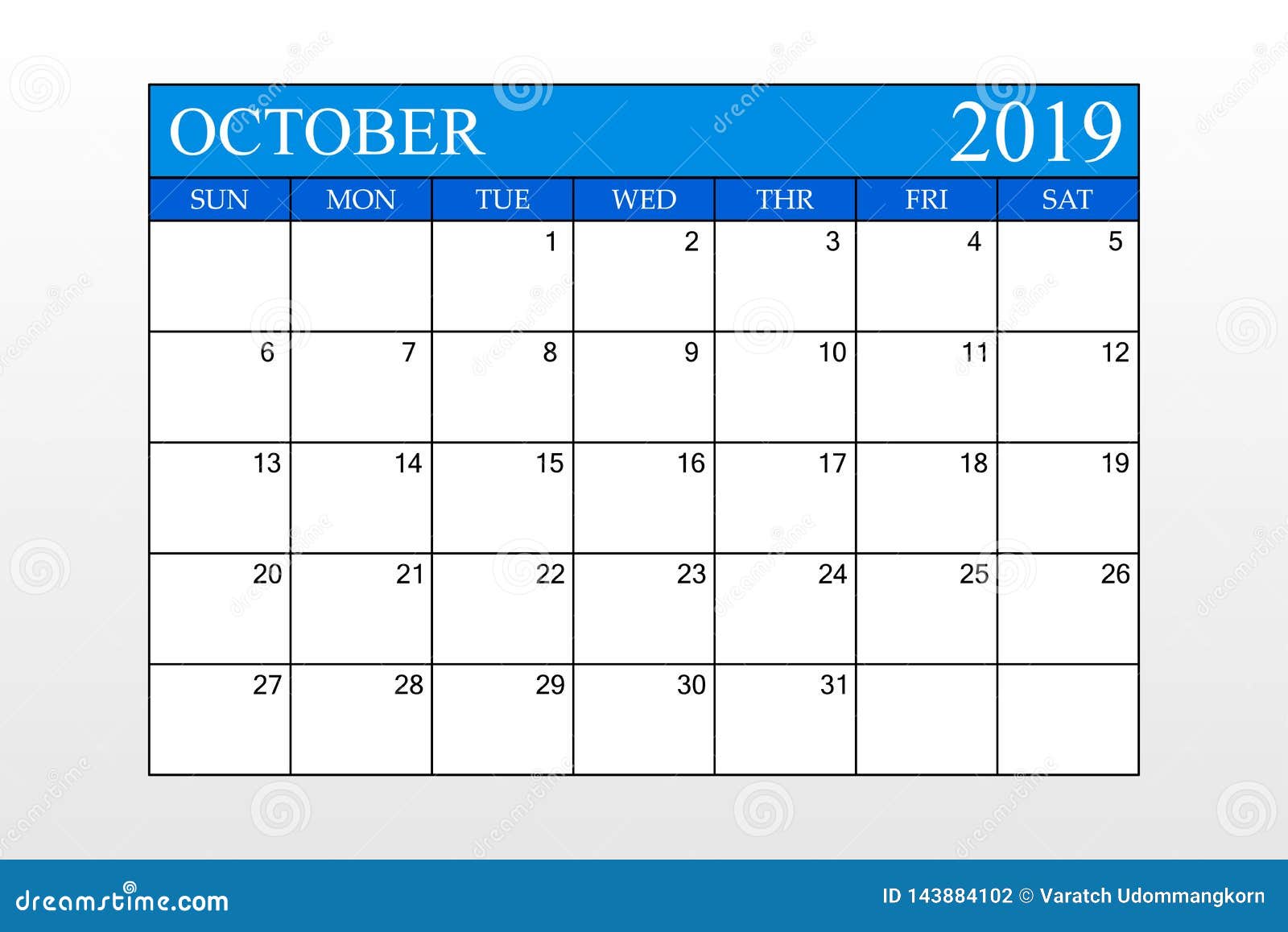 2019 Calendar, October, Blue Theme, Schedule Planner, Organizer, Weeks ...