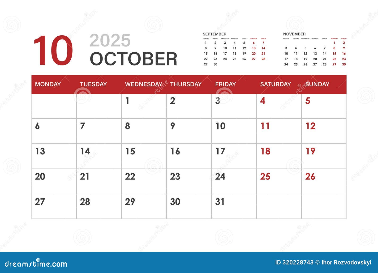 October 2025 Year - Calendar 2025 Template Vector, Week Start On Monday ...