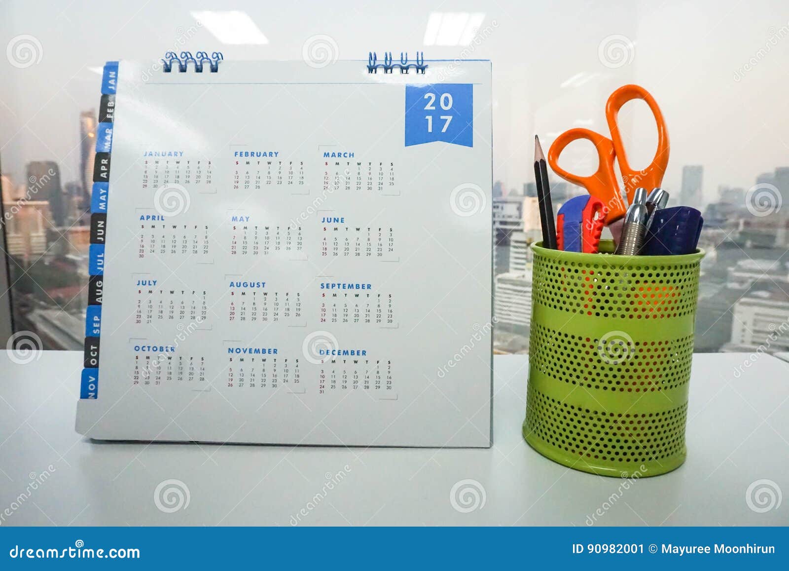 2017 Calendar on Office Table with Stationary in Box Stock Image ...