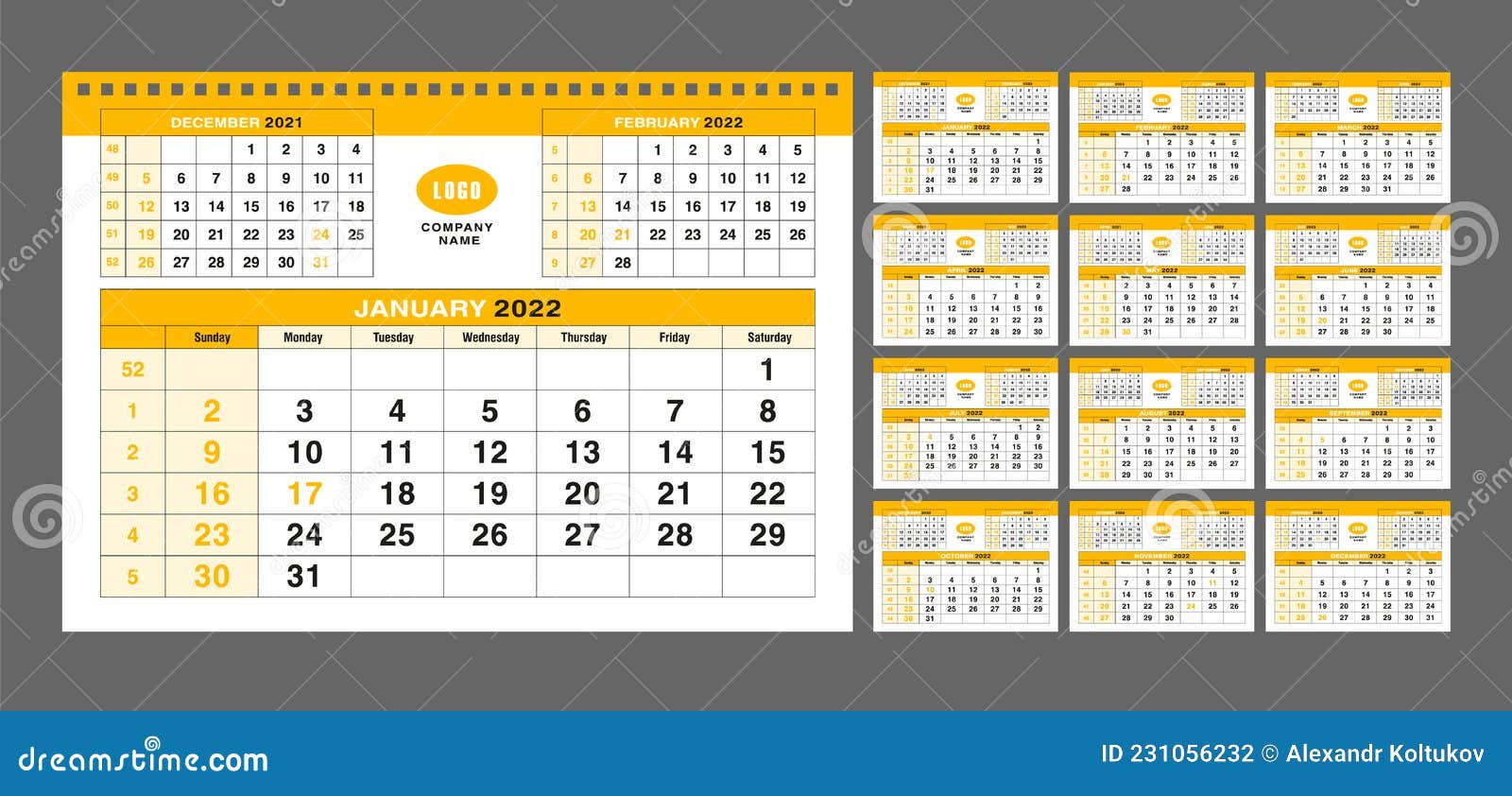 Calendar Orange Template for 2022 Stock Vector - Illustration of design ...