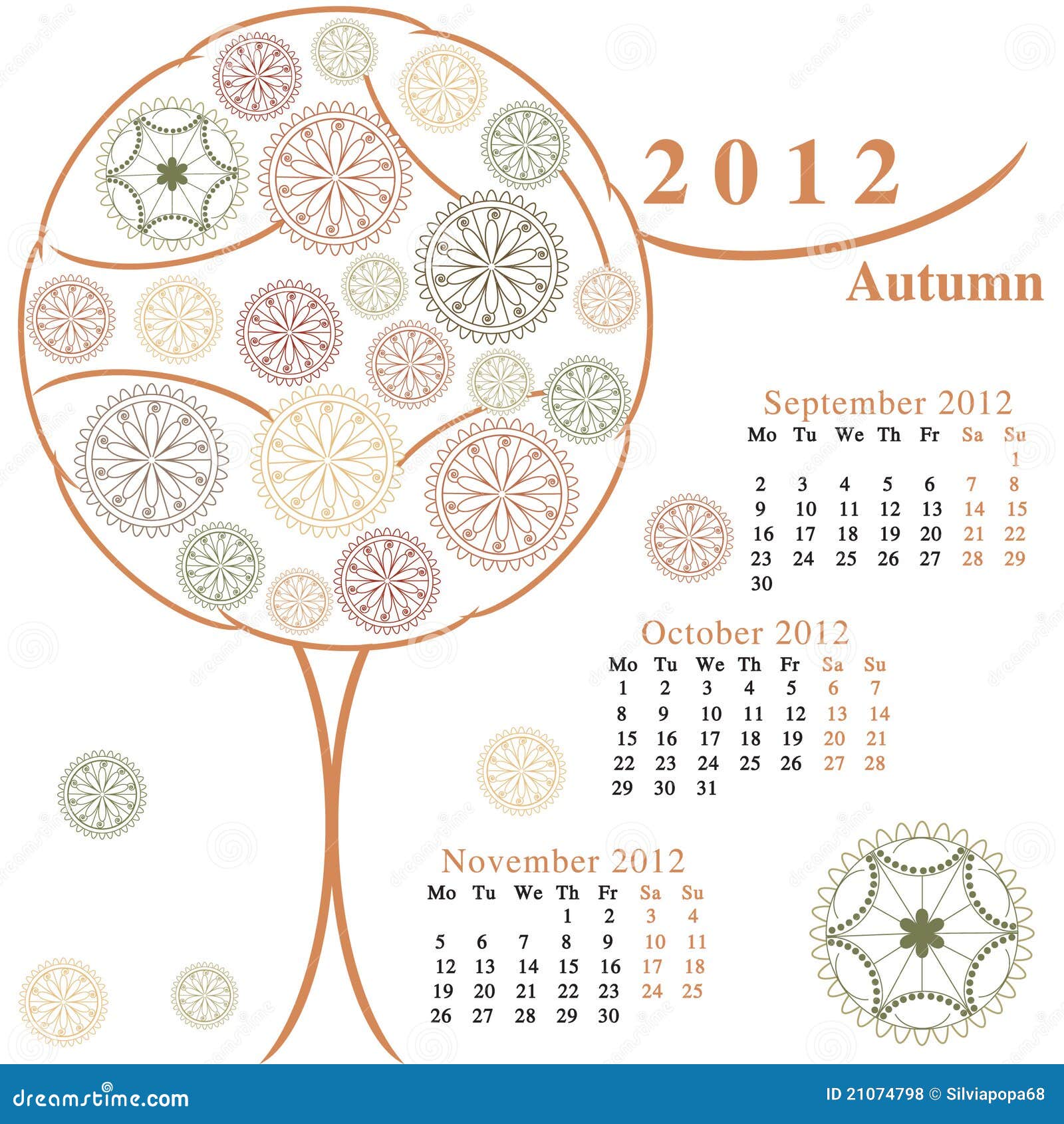 Calendar with Ornamental Trees Stock Vector - Illustration of calendar ...
