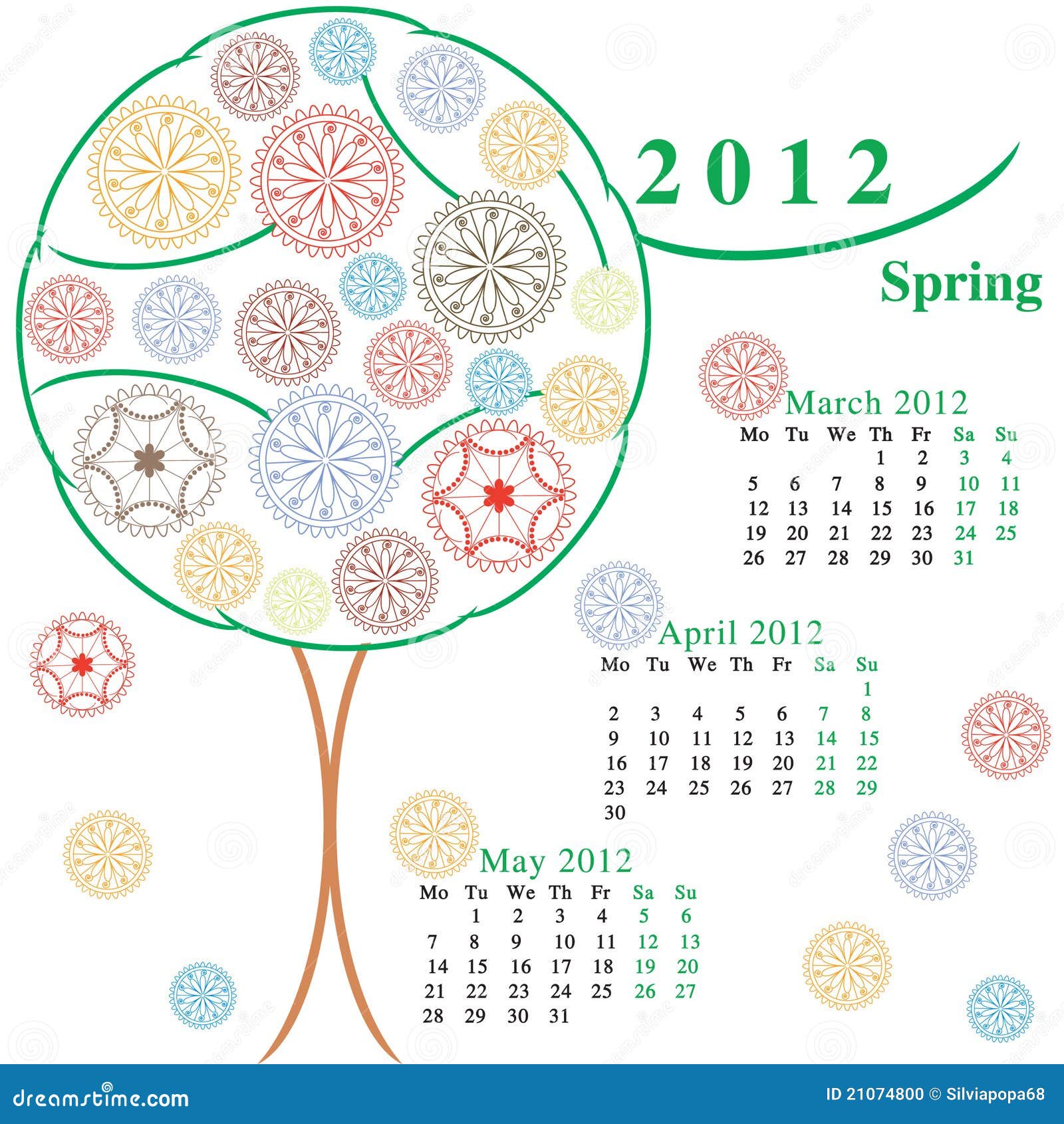 Calendar with Ornamental Trees Stock Vector - Illustration of date ...