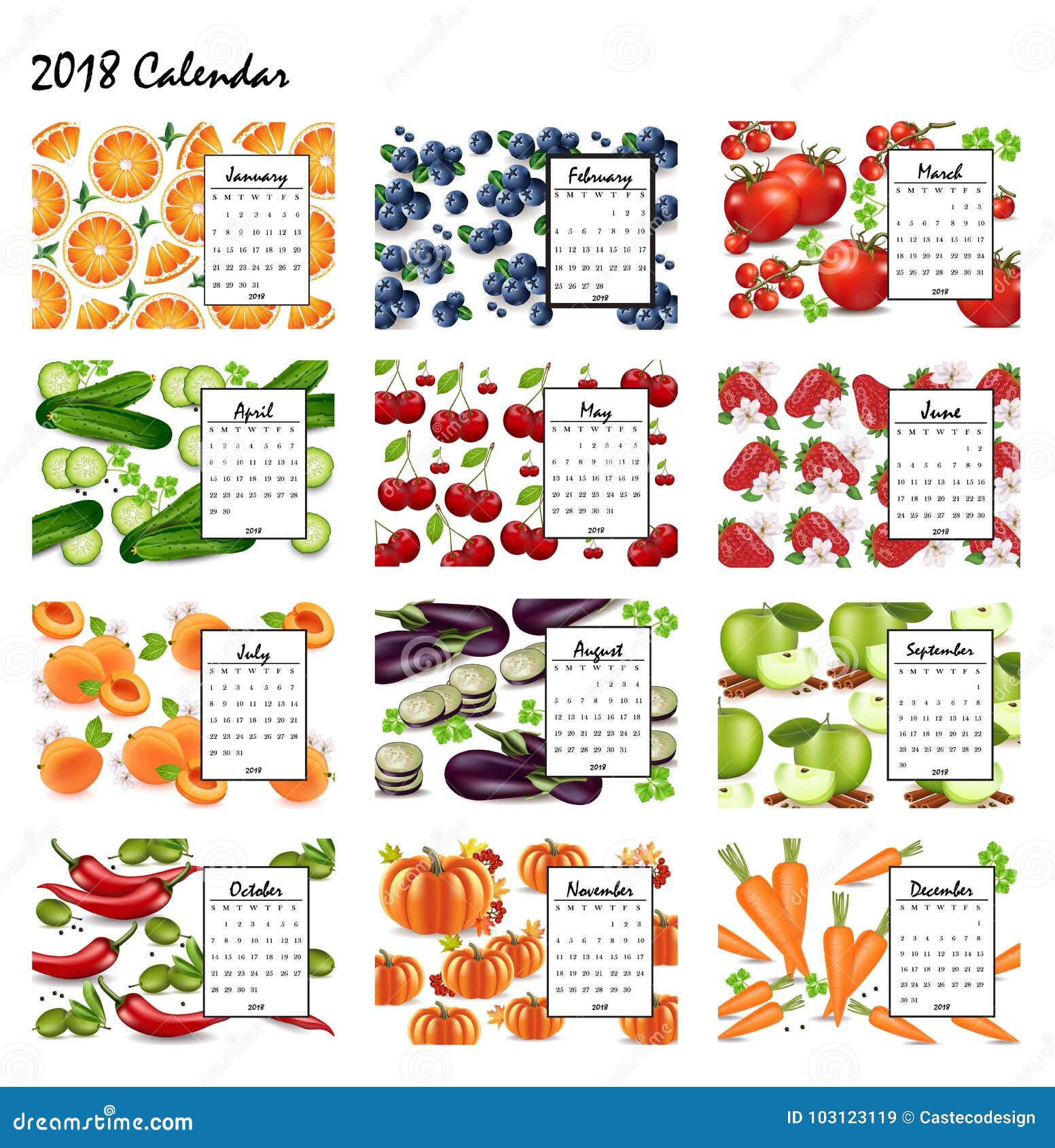 2018 Calendar Pages with Backgrounds. Vector Illustrations Stock Vector ...