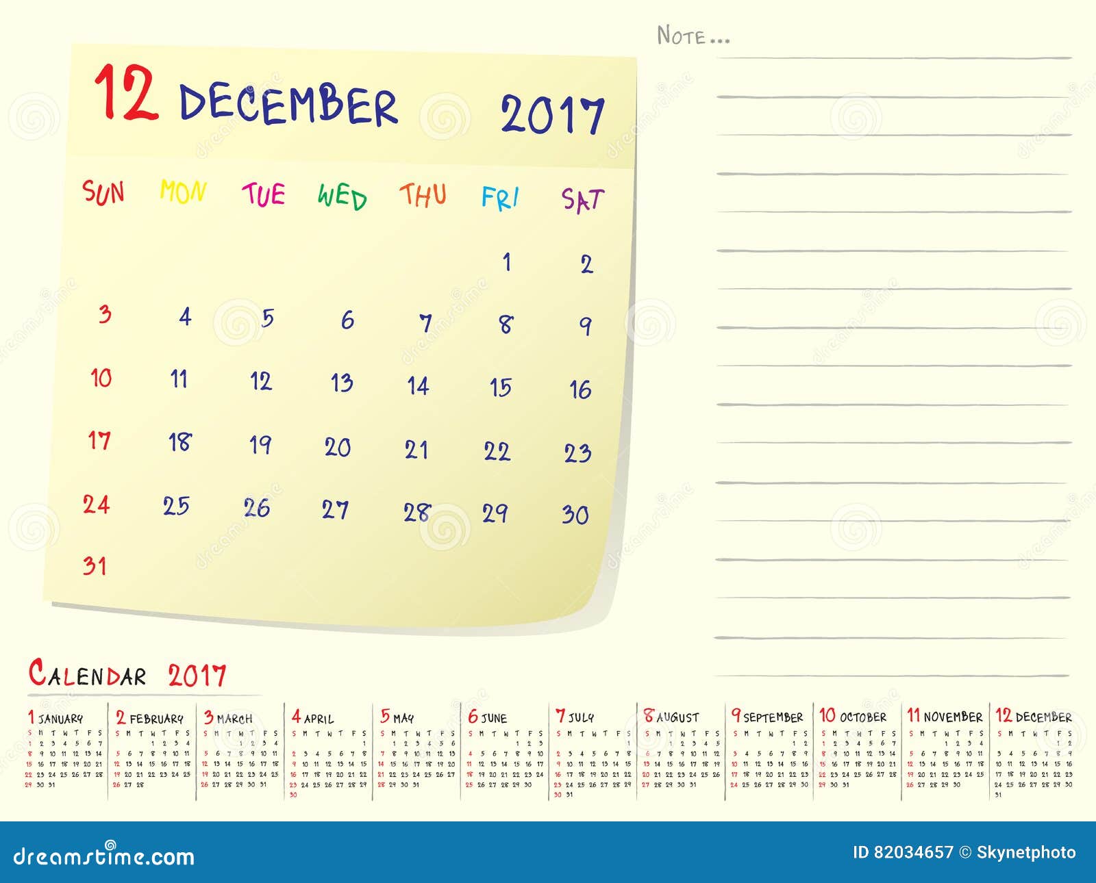 Calendar Paper Note December 2017 Stock Vector - Illustration of diary ...