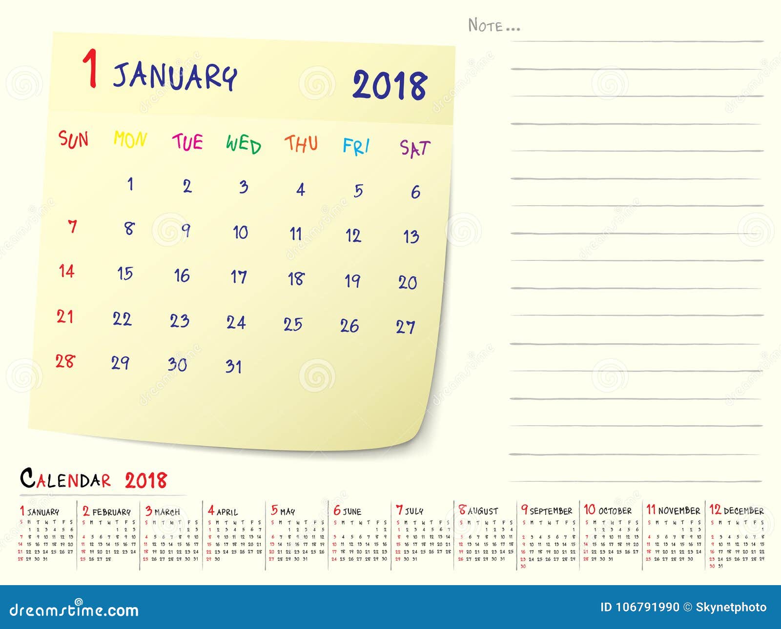 January 2018 Calendar Paper Note Design Stock Vector - Illustration of ...