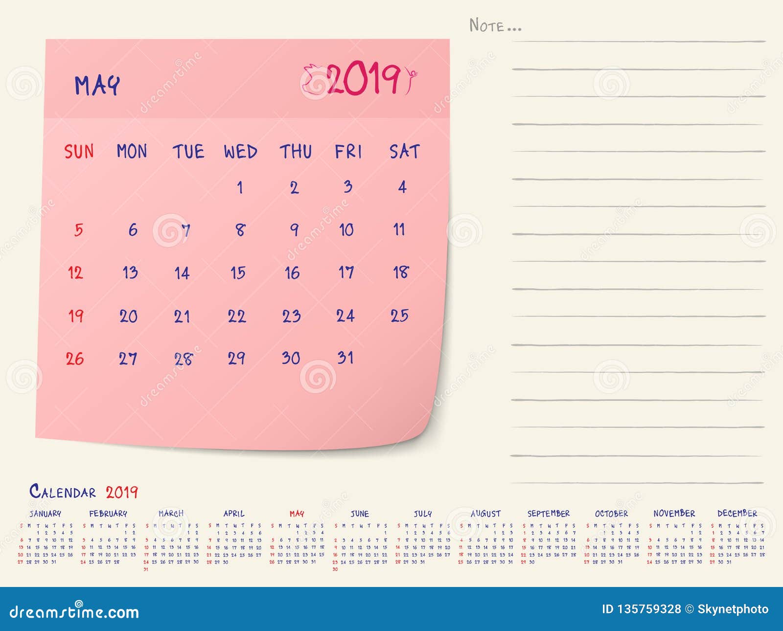 May 2019 Calendar Paper Note Design Stock Vector - Illustration of ...