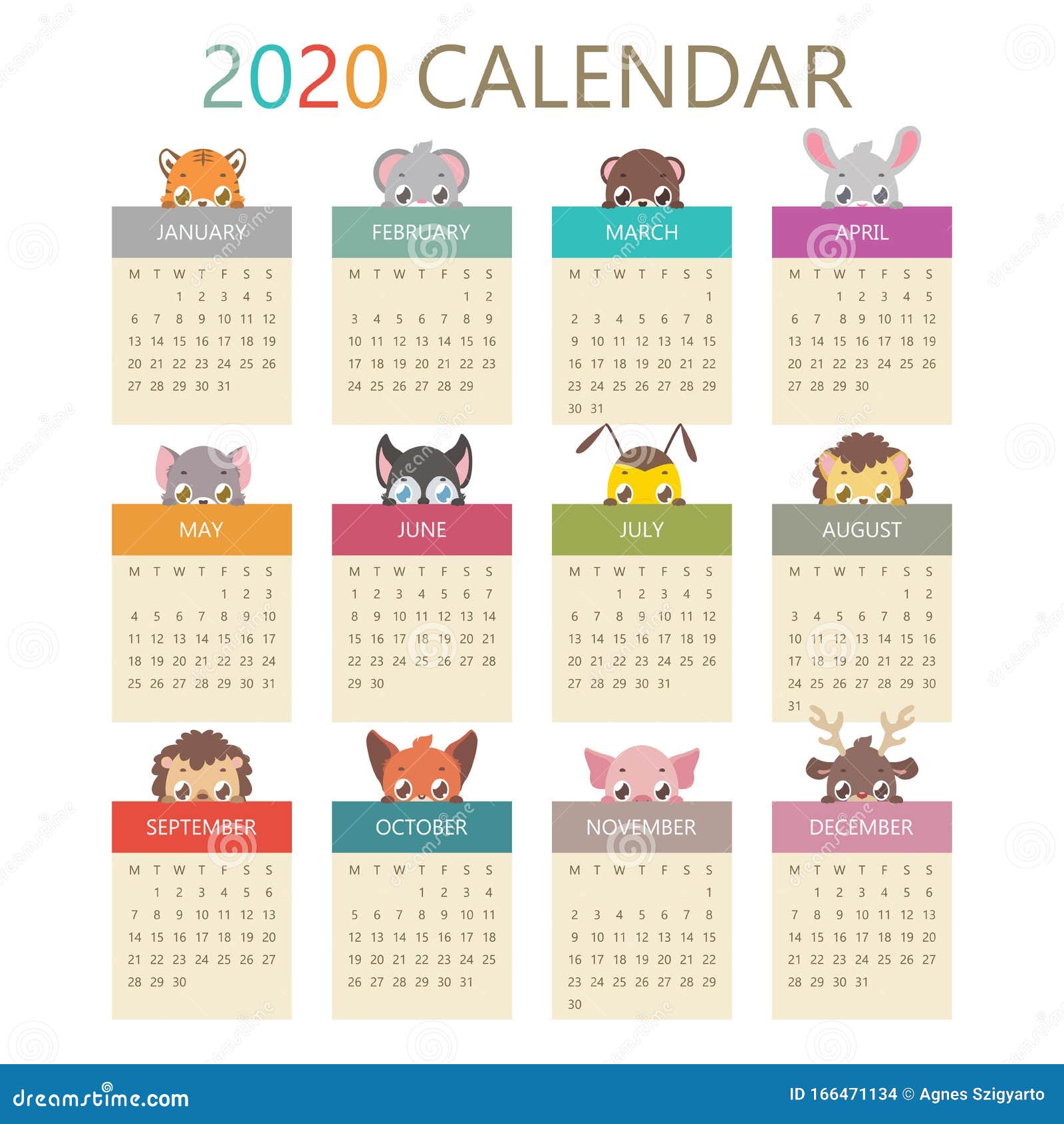 2020 Calendar with Peeking Animals Stock Vector - Illustration of date ...