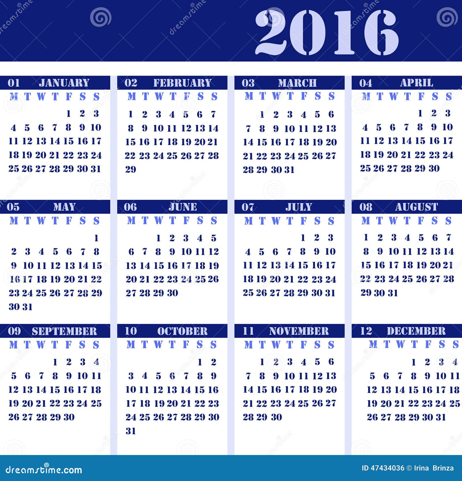 Calendar pelo ano 2016 ilustração stock. Ilustração de europeu - 47434036